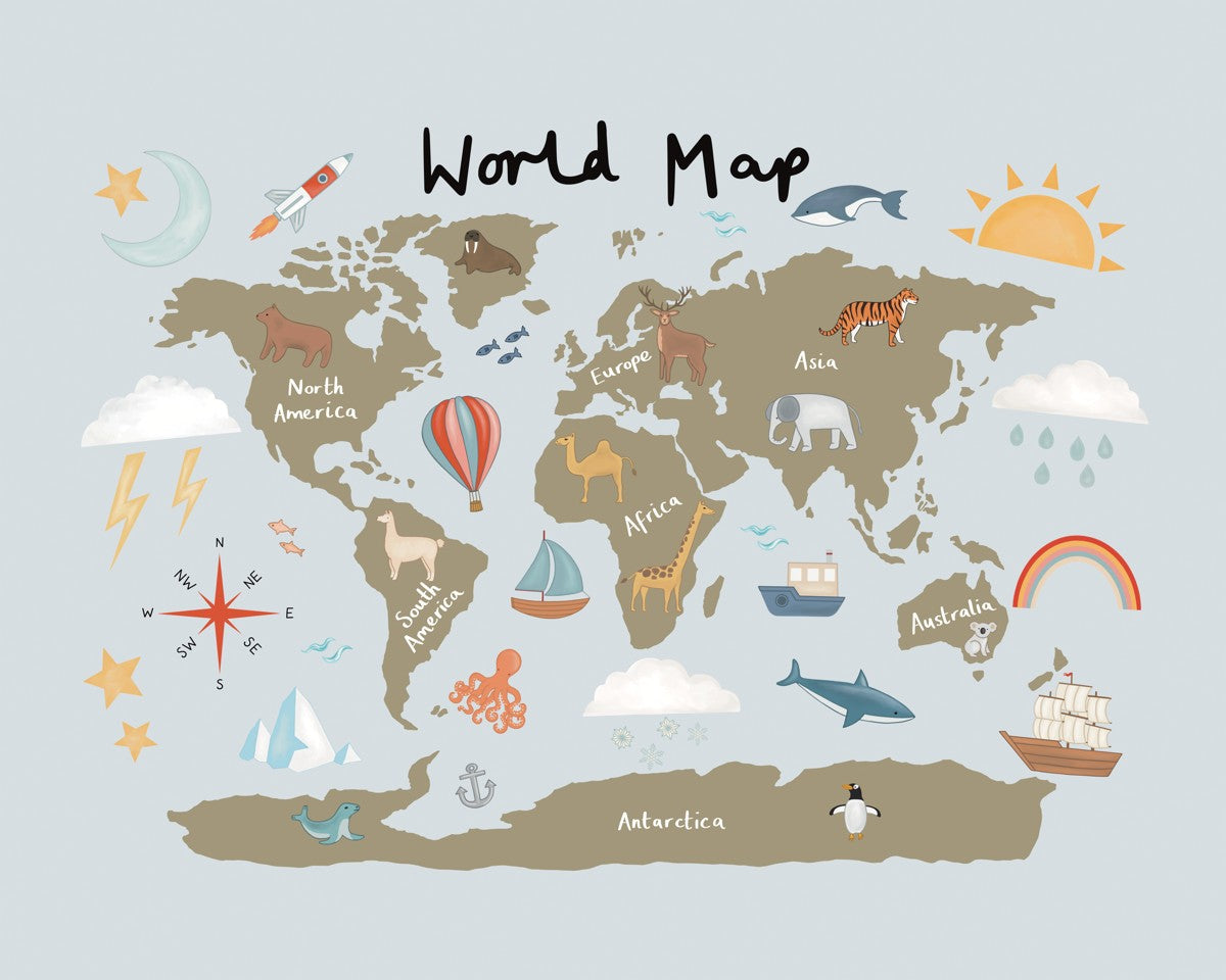 World Map print in khaki / blue – Kid of the Village